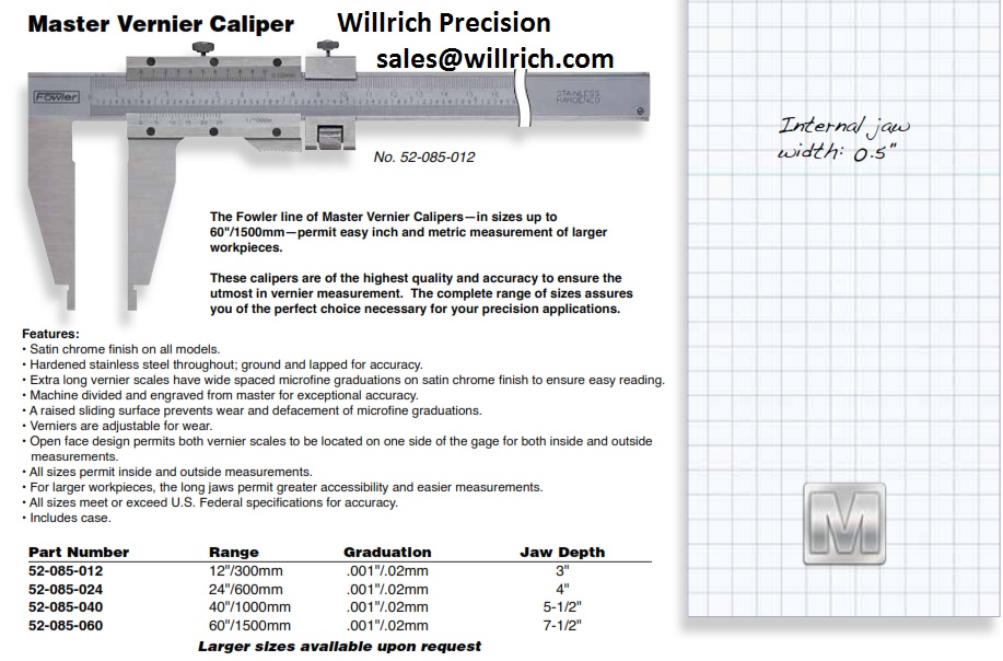 Fowler Vernier Calipers | Willrich Precision Instruments