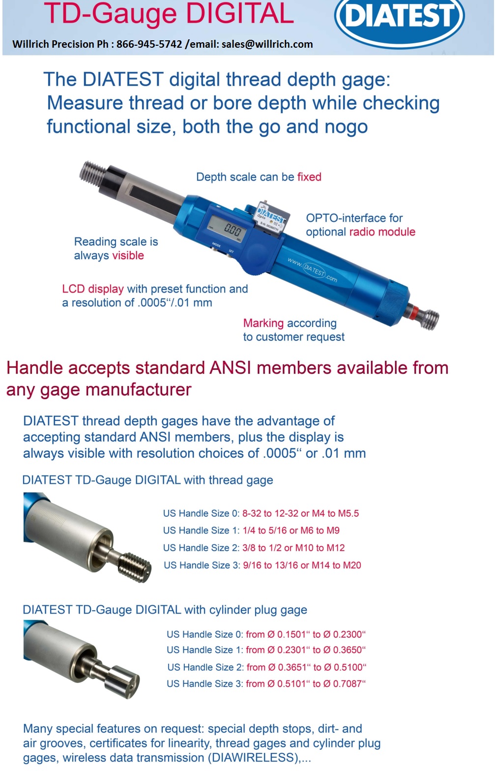 Diatest Digital Thread Depth gauge | Willrich Precision Instruments