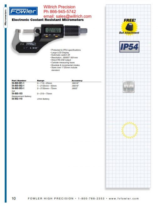 Fowler Electronic Coolant Resistant Micrometer IP54 | Willrich ...