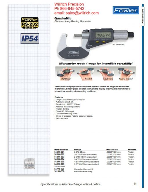 Fowler QuadraMic Electronic 4-way Reading Micrometer | Willrich ...