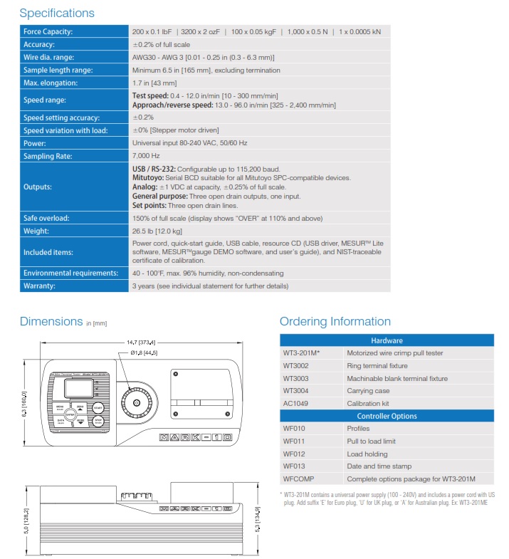 Mark-10 Wire Crimp Pull Tester Model WT3-201M | Willrich Precision ...